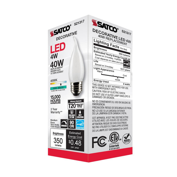 Satco 4w CA10 LED 4000K Medium Base Frosted Dimmable - 40w equiv – BulbAmerica