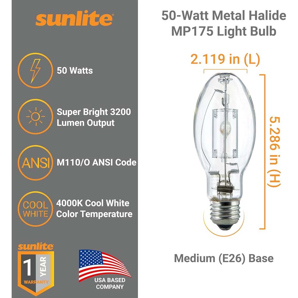 Sunlite MP50/U/MED/PS 50w Pulse Start Protected Metal Halide ED17 bulb ...