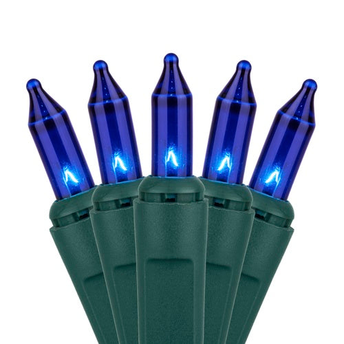 100 Blue Mini Lights, Green Wire, 6" Spacing – BulbAmerica