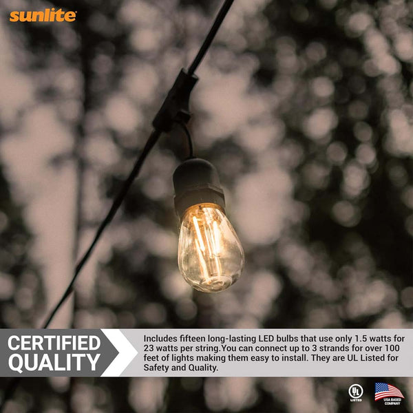 Sunlite 48ft 22.5W LED S14 Waterproof 15 Sockets 2700K Outdoor String ...