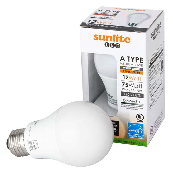 Sunlite 12W LED A19 4000K Cool White 1100Lm Dimmable Bulb - 75w Equiv ...