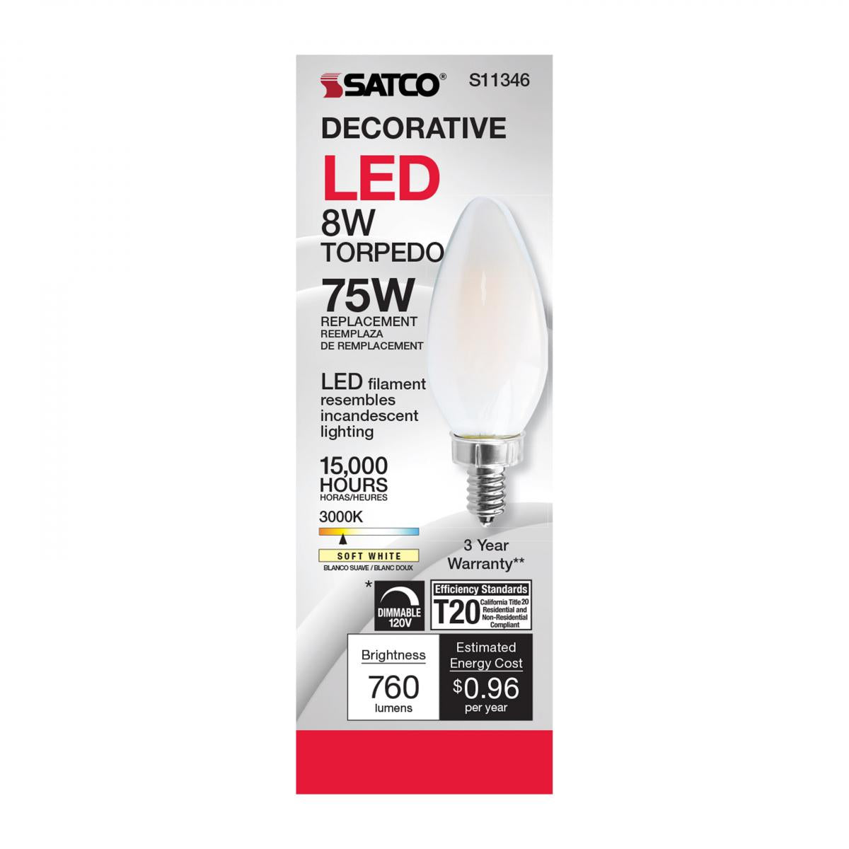 Satco 8w C11 LED 800Lm 3000K 120v Frosted Finish Candelabra Base Bulb – BulbAmerica