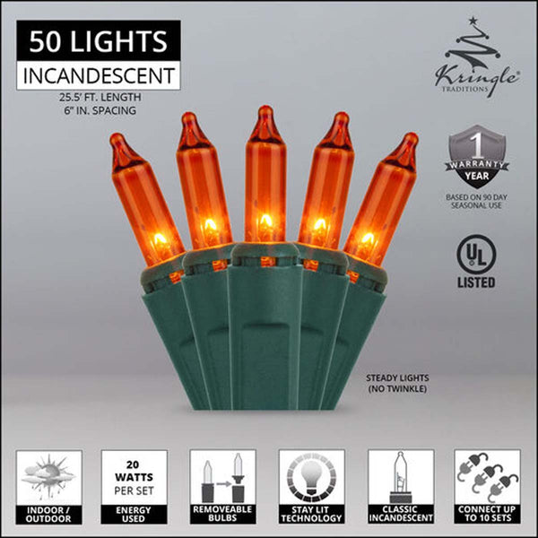 50 Amber / Orange Mini Lights 6" Spacing – BulbAmerica