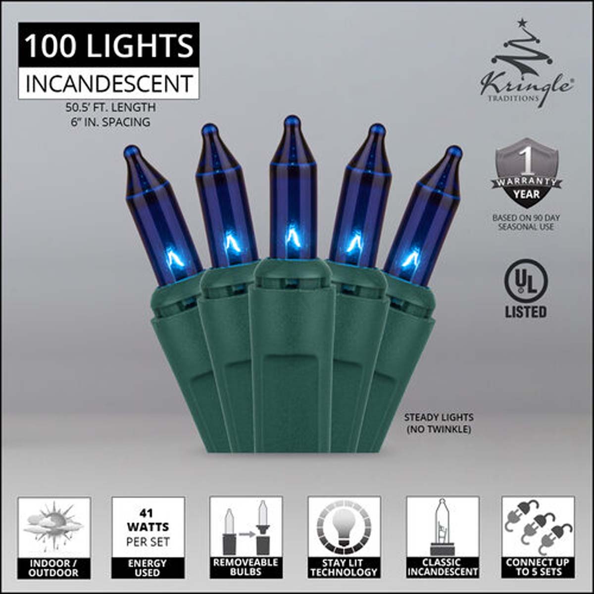 100 Blue Mini Lights, Lamp Lock 6" Spacing – BulbAmerica