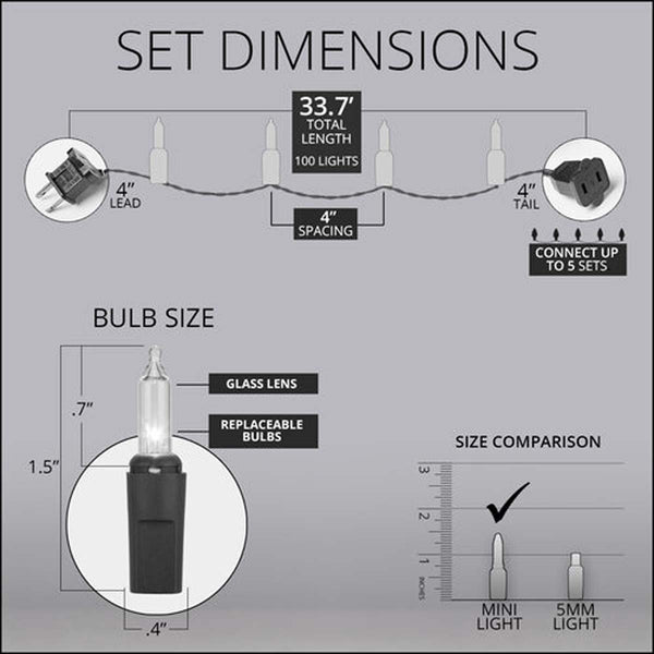 100 Clear Mini Lights, Lamp Lock 4" Spacing – BulbAmerica