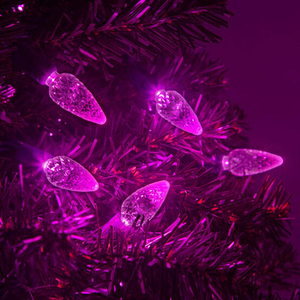 70 Pink C6 LED Christmas Lights, Green Wire, 4" Spacing – BulbAmerica