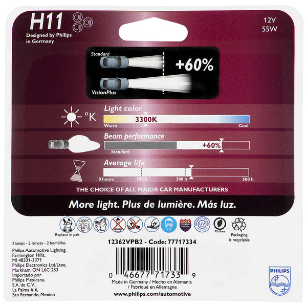 Philips H11 12362 - Vision Plus Headlight Automotive lamp - 2 bulbs ...