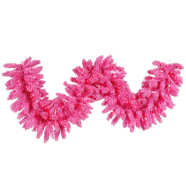 9' x 14" Flocked Pink Artificial Garland - 210 Tips 100 Pink Dura-Lit ...