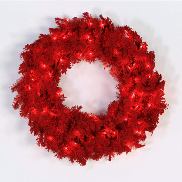 30" Flocked Red Artificial Wreath - 180 PVC Tips 100 Red Dura-Lit LED ...