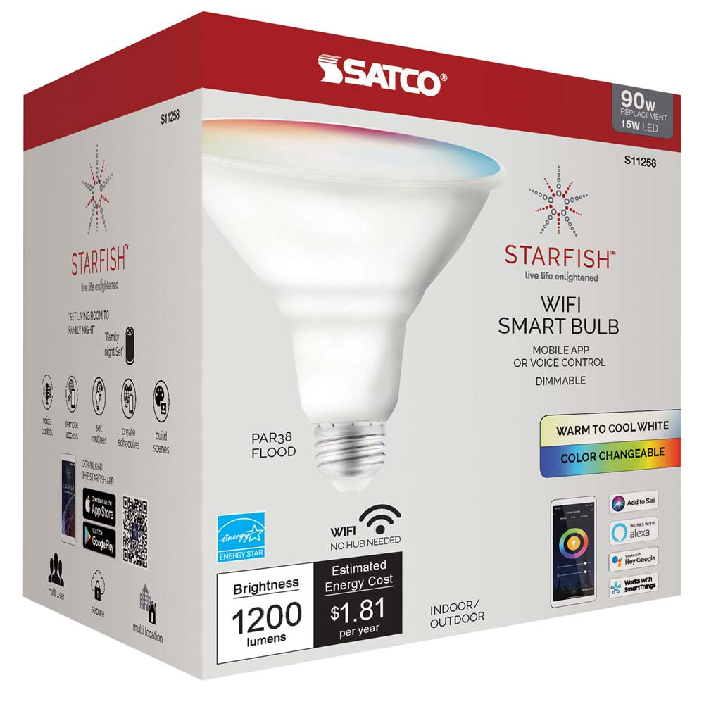 Satco 15w PAR38 LED RGB & Tunable White 1200 Lumens Starfish IOT Smart ...