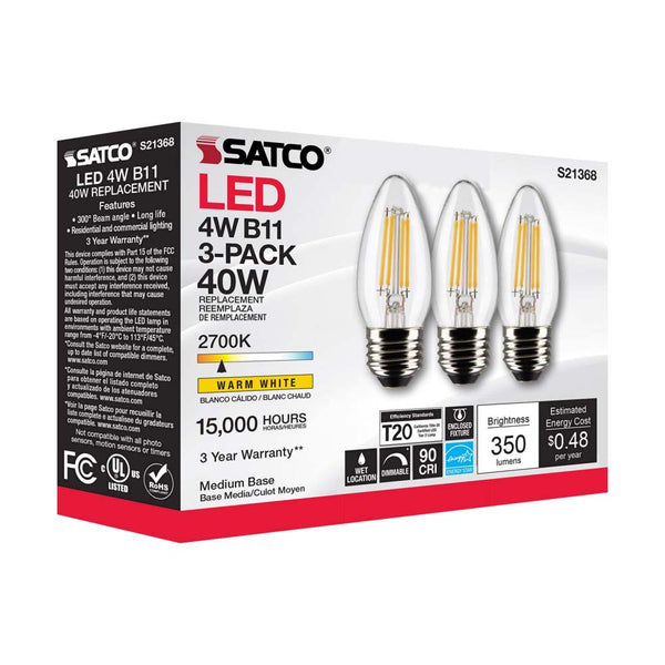 3Pk - Satco 4w B11 LED 2700K Medium Base Dimmable - 40w equiv – BulbAmerica